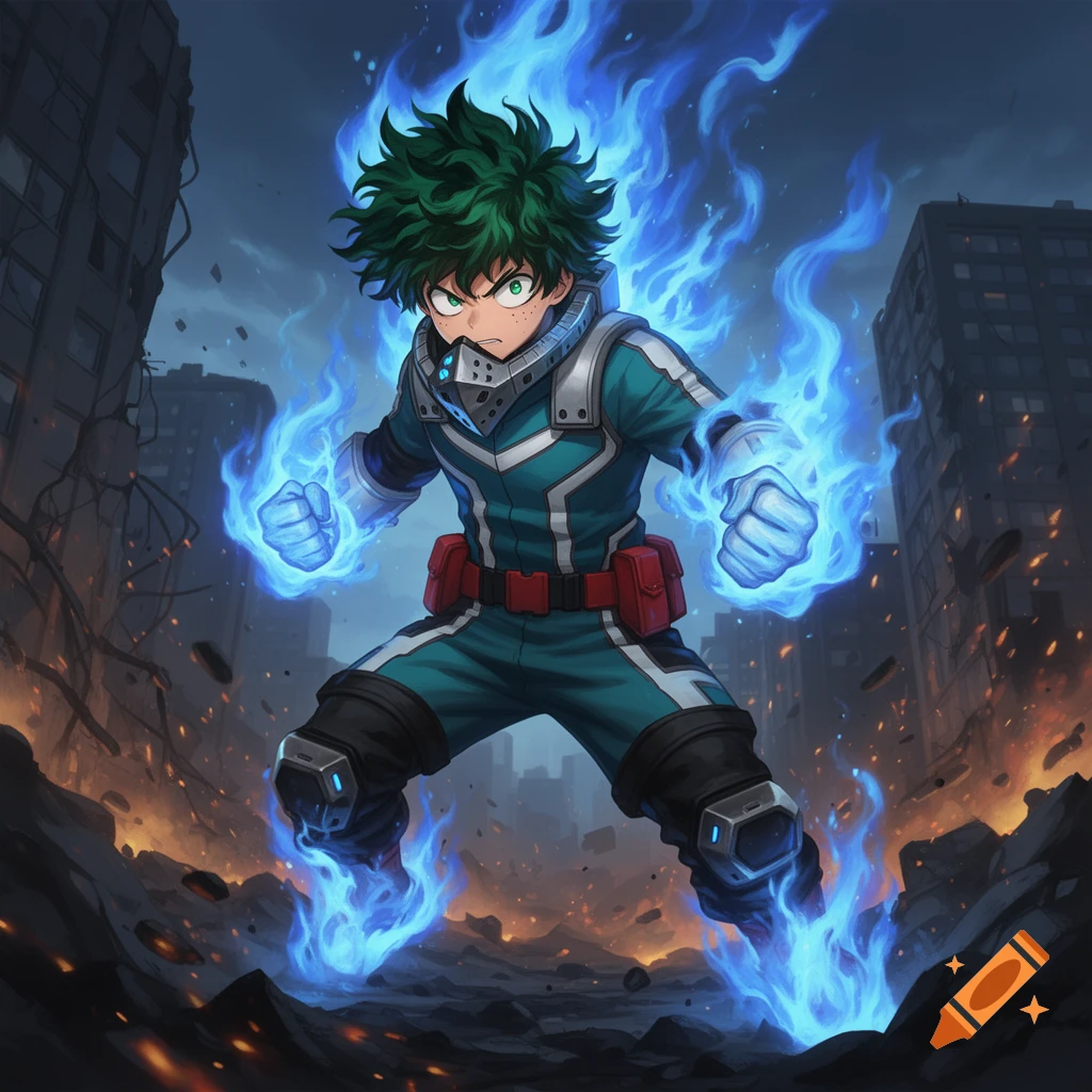 Anime-style Izuku Midoriya crackling with blue flames in a ruined city ...