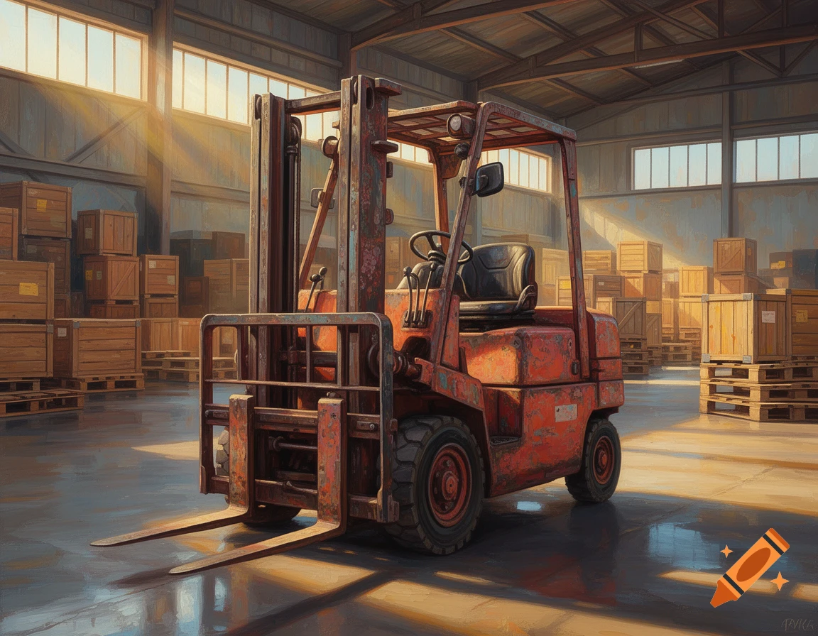 An old, rusty red forklift in a warehouse with stacked wooden crates ...