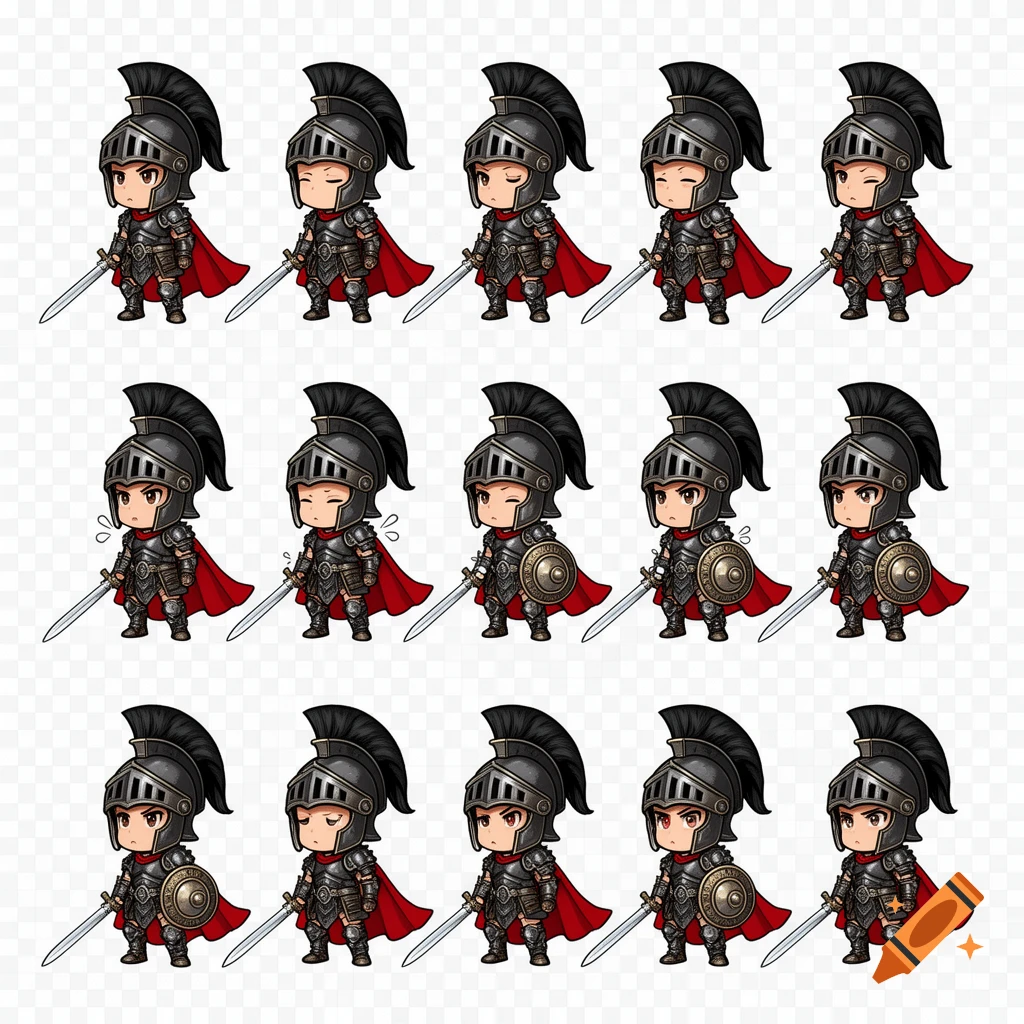2D sprite sheet featuring multiple chibi armored knights with swords ...