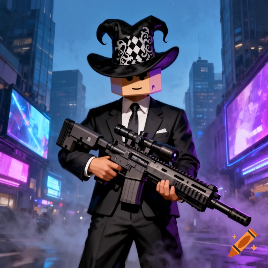 A block-headed character in a suit and black witch hat holds a sniper ...