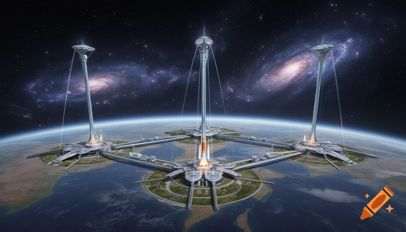 A vast futuristic space elevator system with three towering structures ...