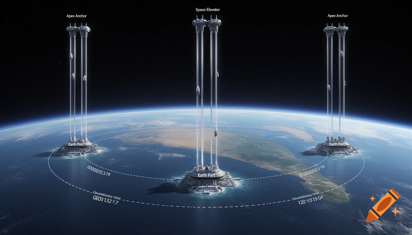 A detailed scientific illustration of three space elevators connecting ...