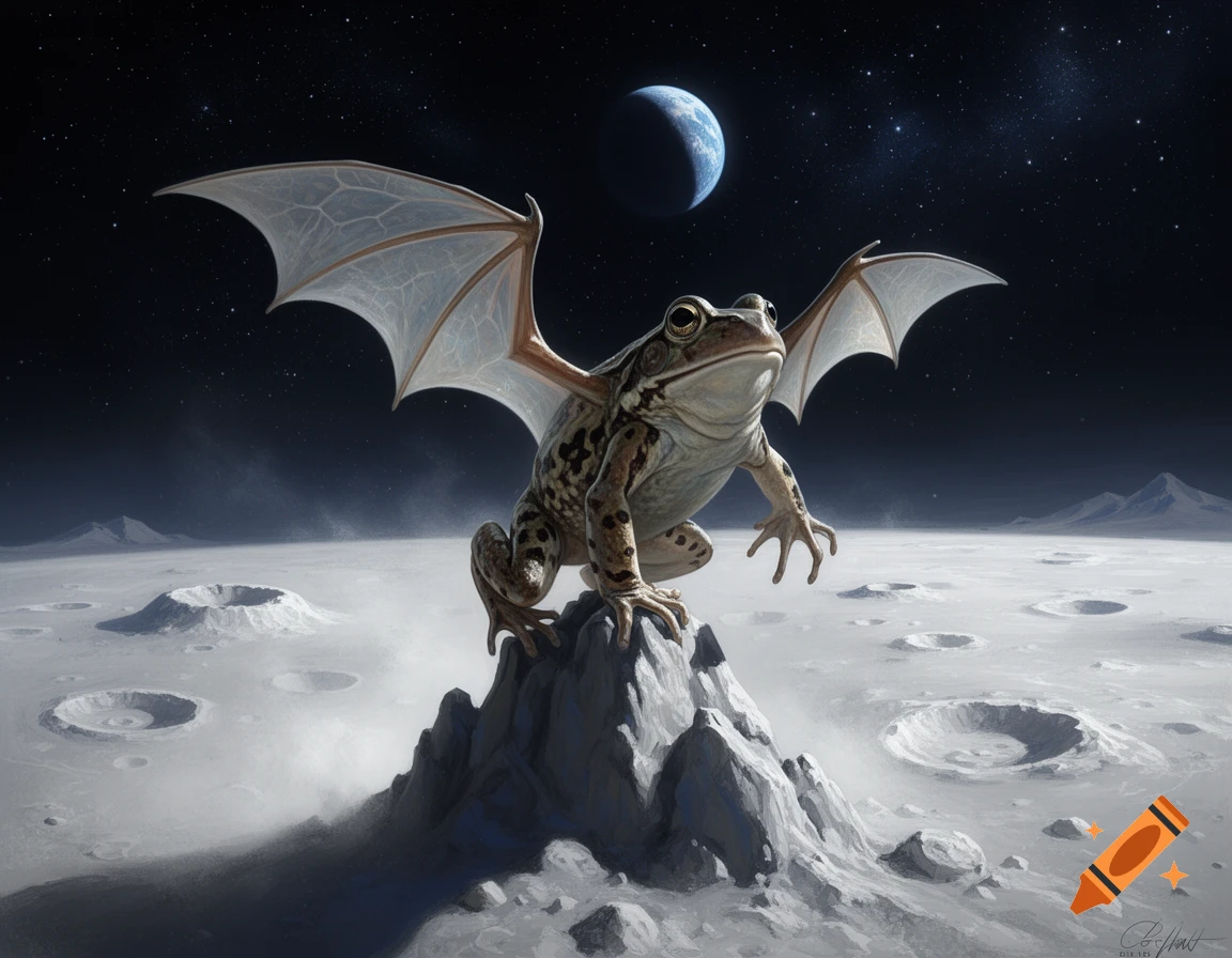 A bullfrog with bat wings sits on a rock on the moon, with Earth and ...