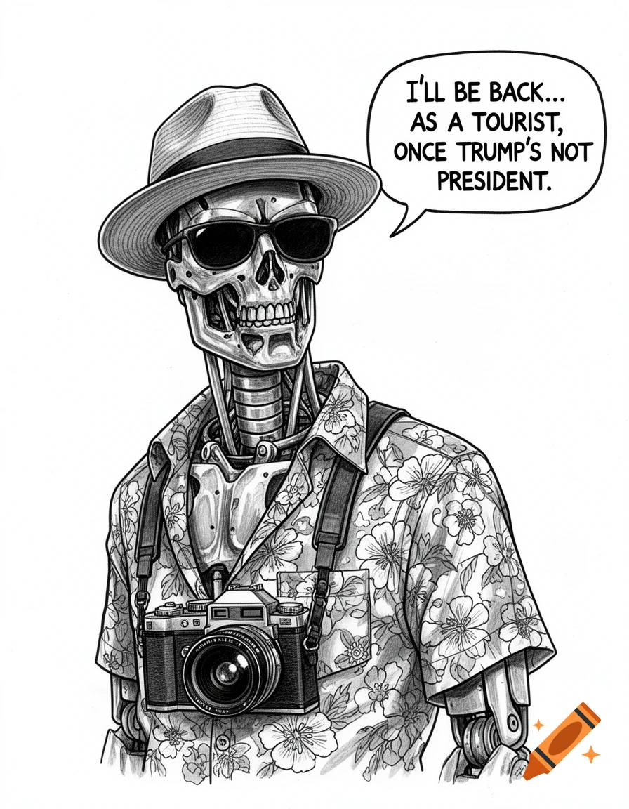 Monochrome cartoon of a Terminator-like robot in tourist clothes ...