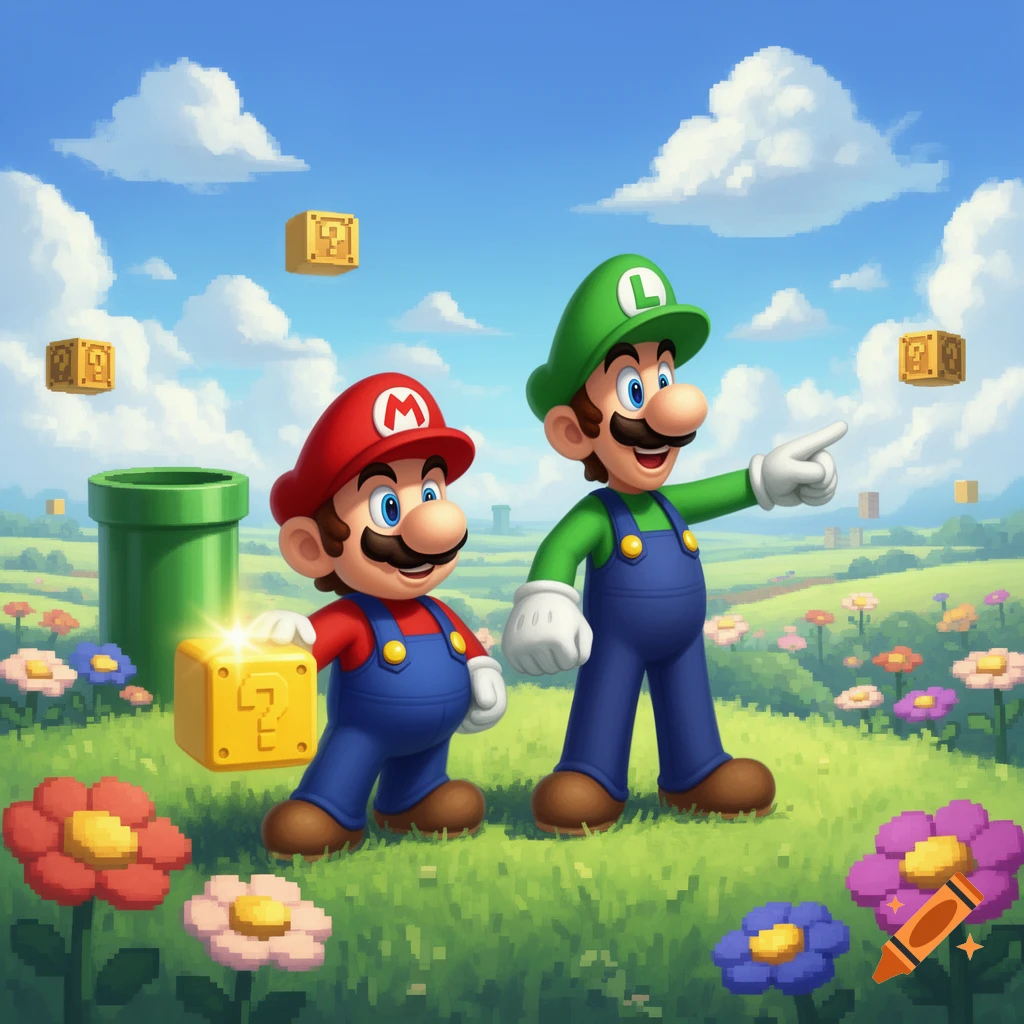 Mario holds a sparkling question block while Luigi points in a vibrant ...