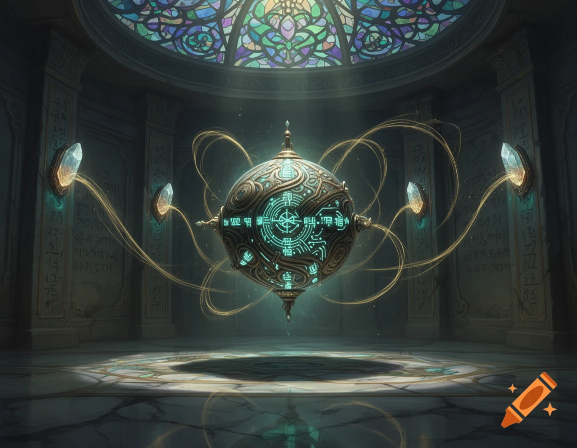 An ornate, glowing ancient tracking device floats in a large, detailed ...