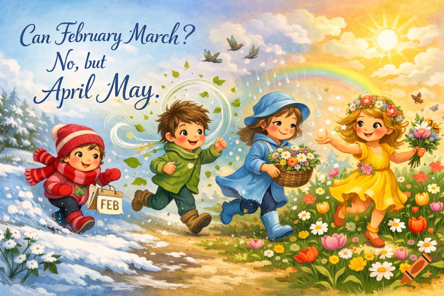 Watercolor illustration of four happy children transitioning from a ...