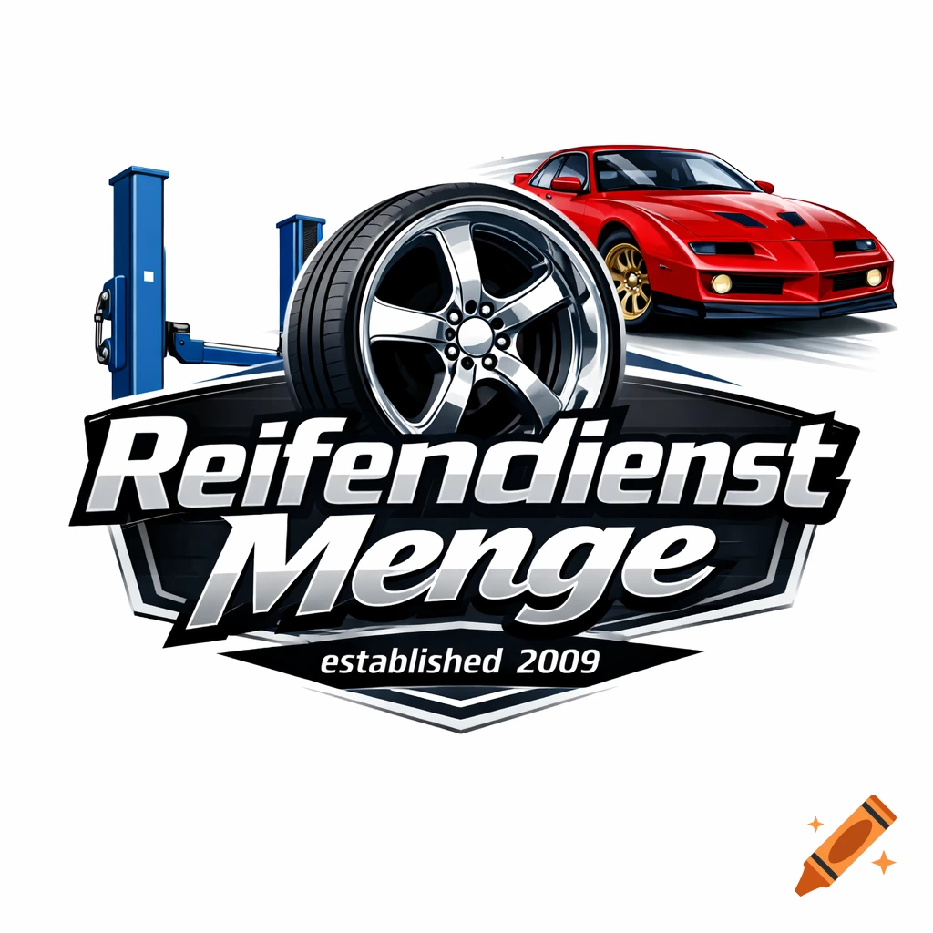 A logo for Reifendienst Menge with a red 1987 Pontiac Firebird, a ...