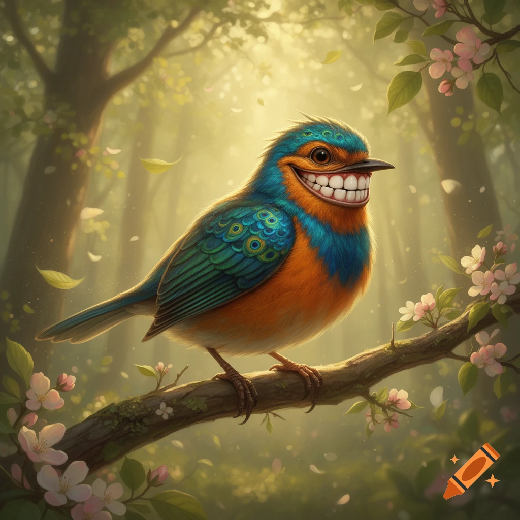 A colorful bird with human teeth smiles widely while perched on a ...