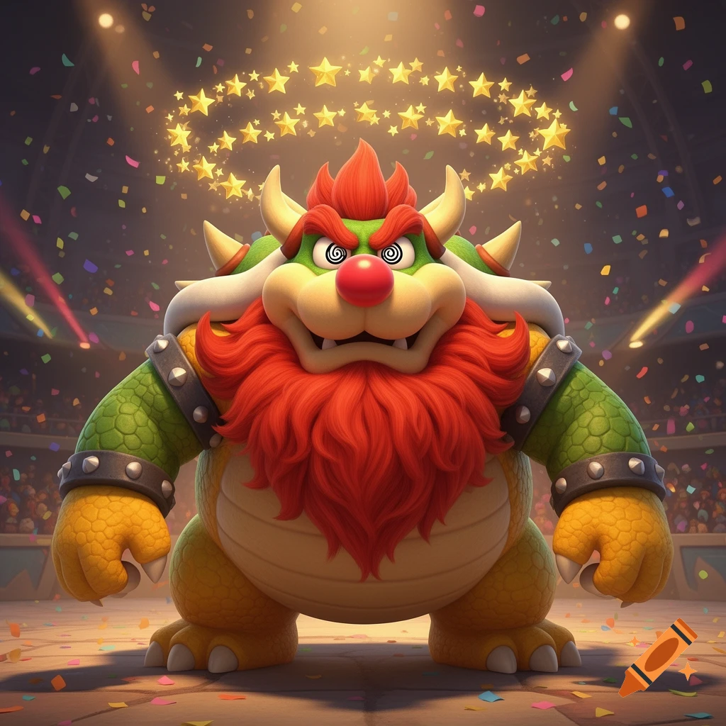 Bowser with a red beard, clown nose, and swirling eyes, stars circling ...