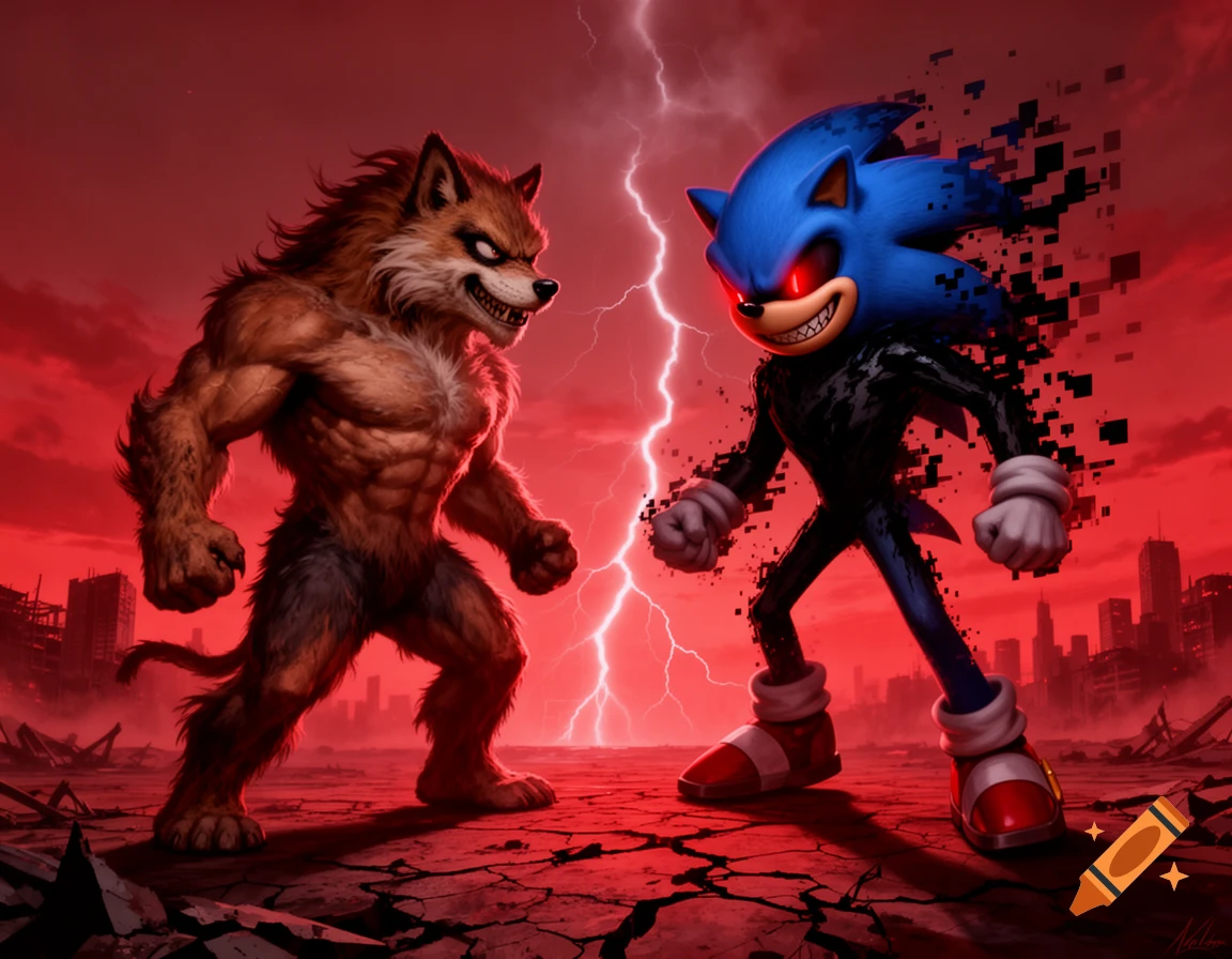 A muscular werewolf-like creature faces a demonic, pixelated Sonic in a ...