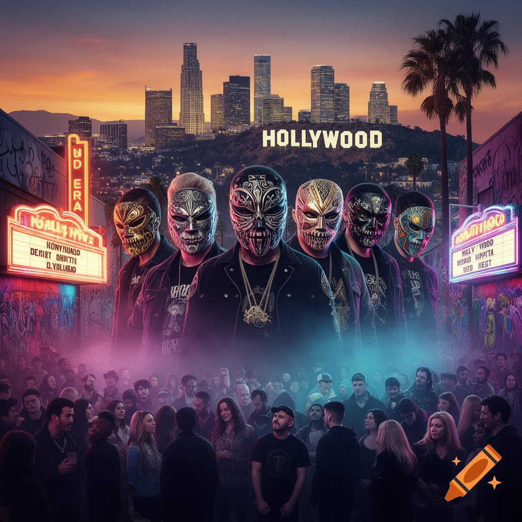 Five masked band members with intricate designs on their faces stand in ...