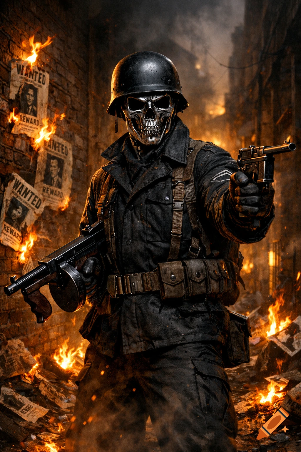 A skeletal soldier in black WWII fatigues holds a Thompson submachine ...