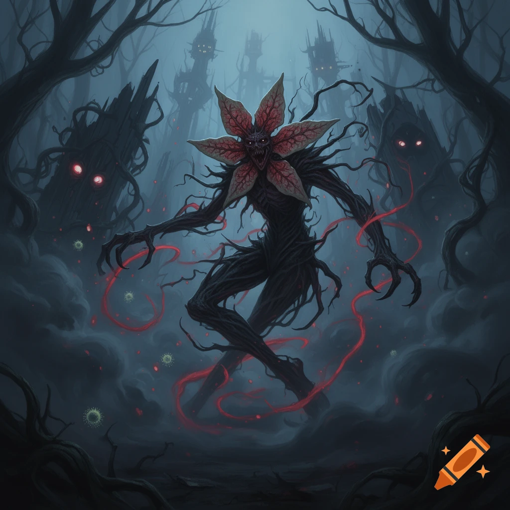 A dark, menacing, plant-headed creature resembling a Demogorgon stands ...