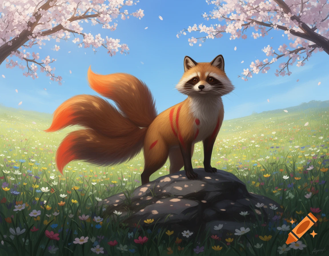 A tanuki-like creature with four orange kitsune tails stands on a rock ...