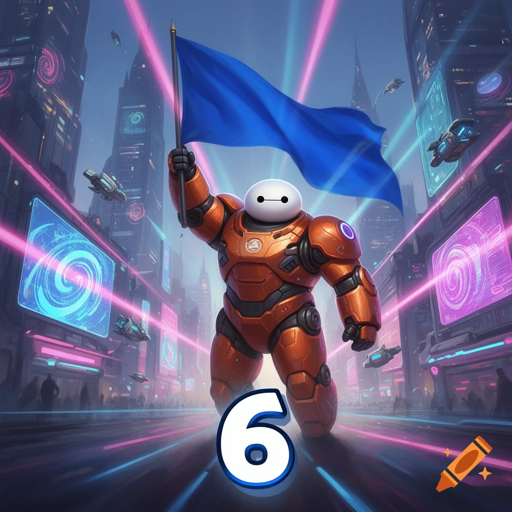 A Baymax-like robot in orange battle armor holds a blue flag in a neon ...