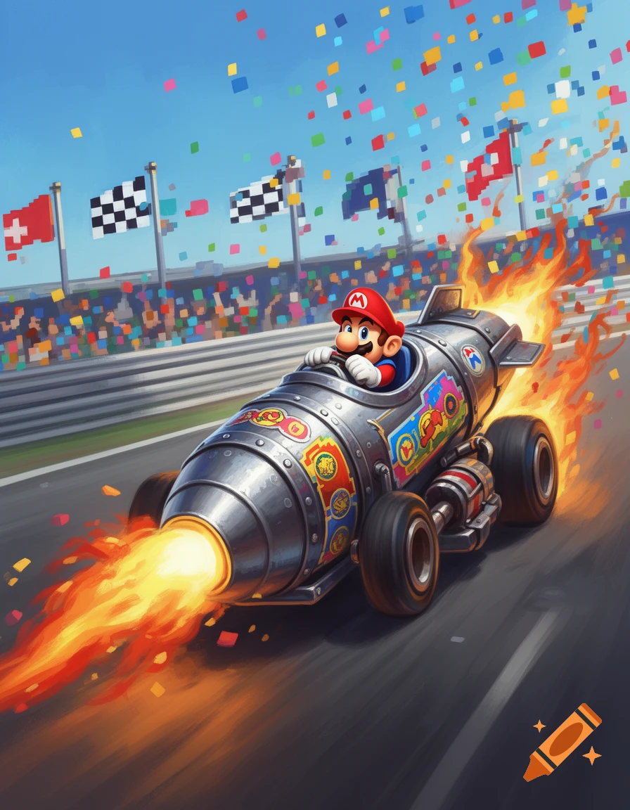 Mario races in a large silver rocket-powered kart, spewing flames from ...