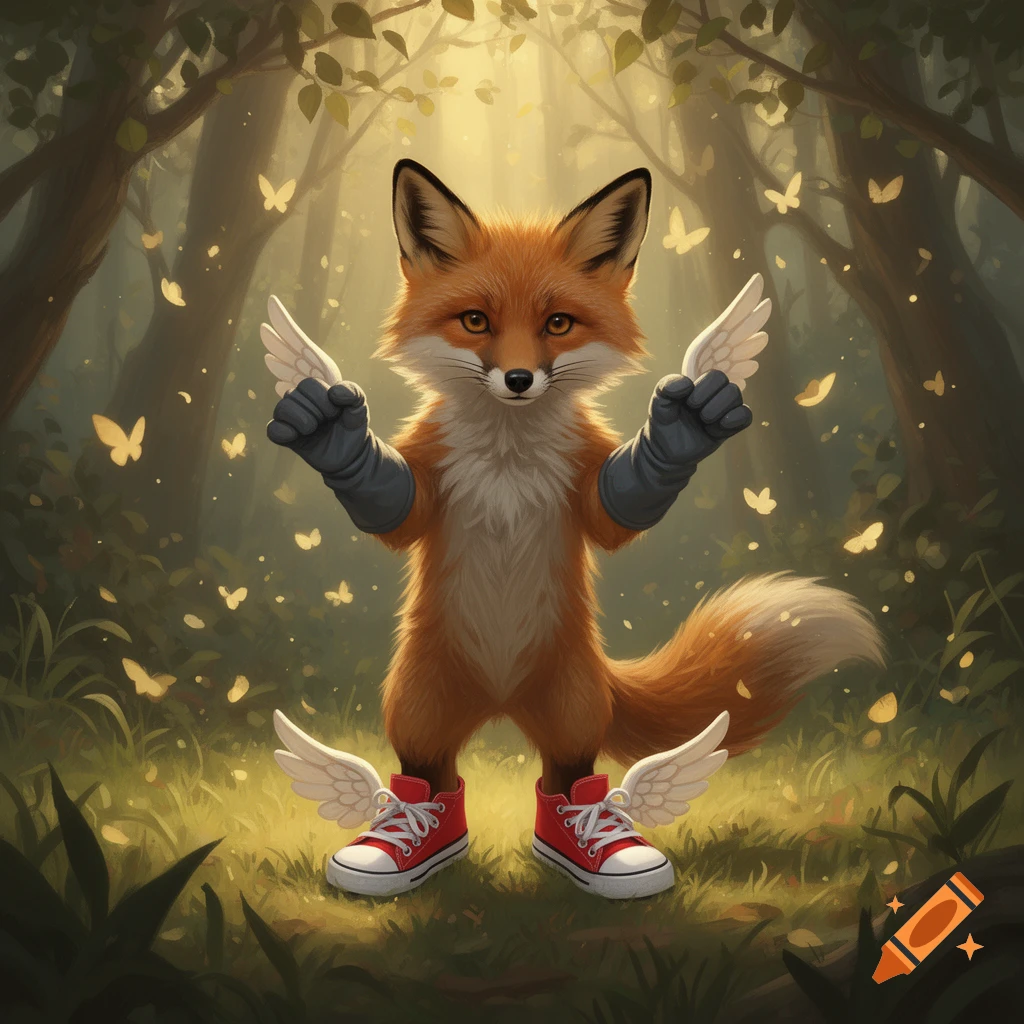 A stylized anthropomorphic fox stands in a sunlit forest, wearing red ...