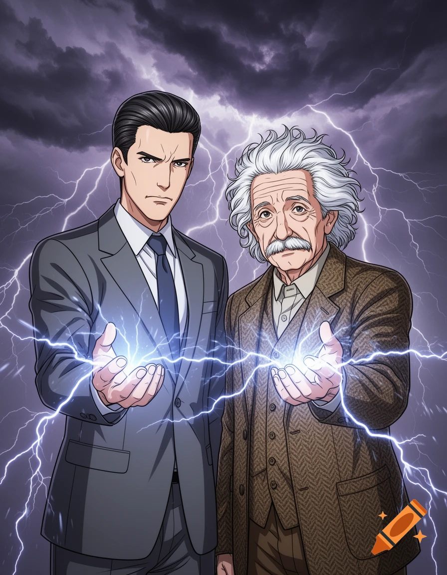 Anime illustration of two men, one resembling Einstein, channeling ...