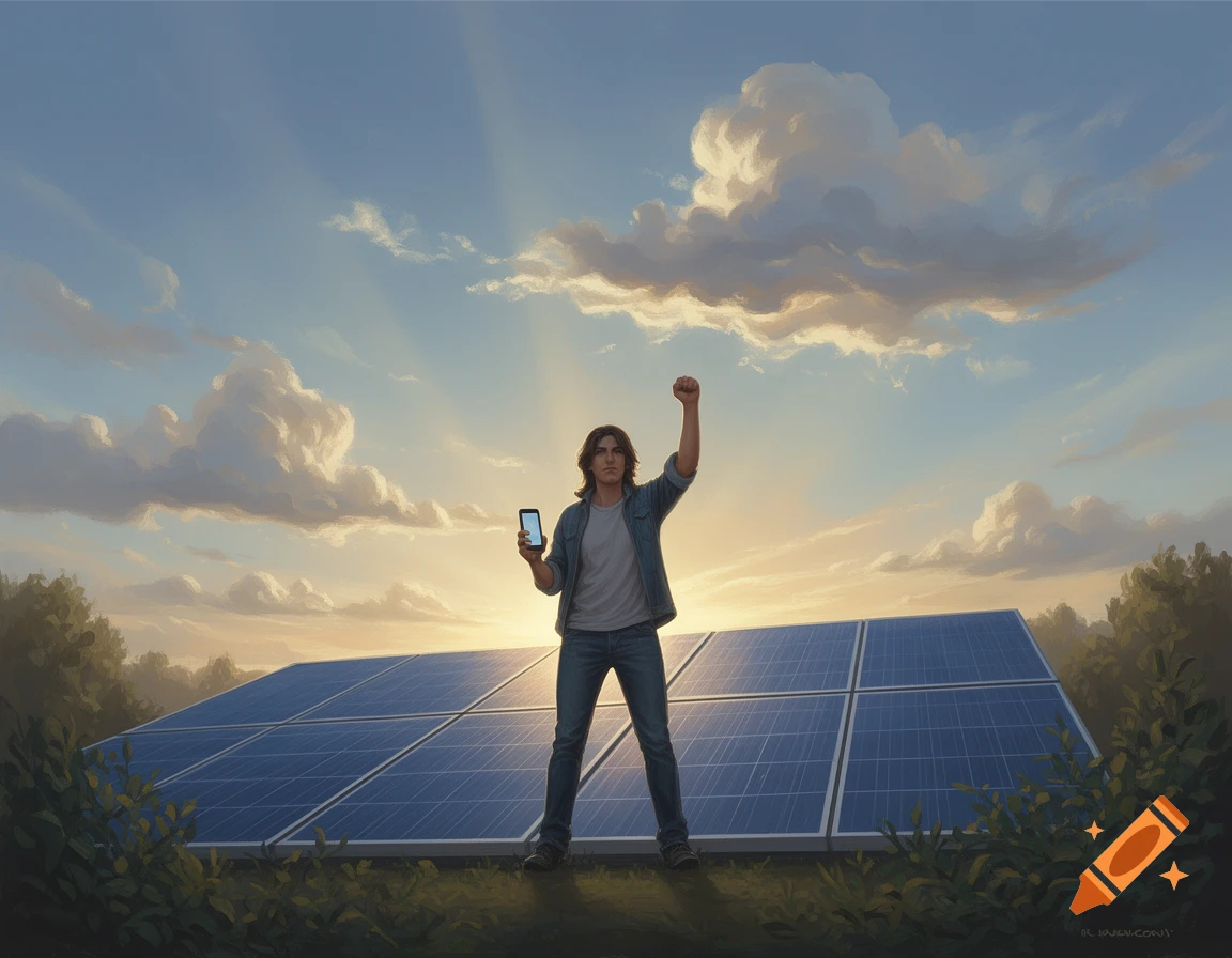 Digital art of a person raising a fist, holding a smartphone, standing ...