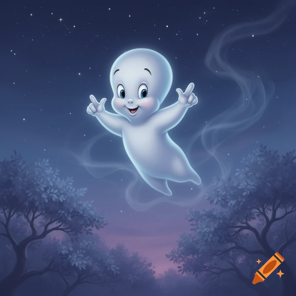 Casper the Friendly Ghost smiles and floats in a starry night sky above ...