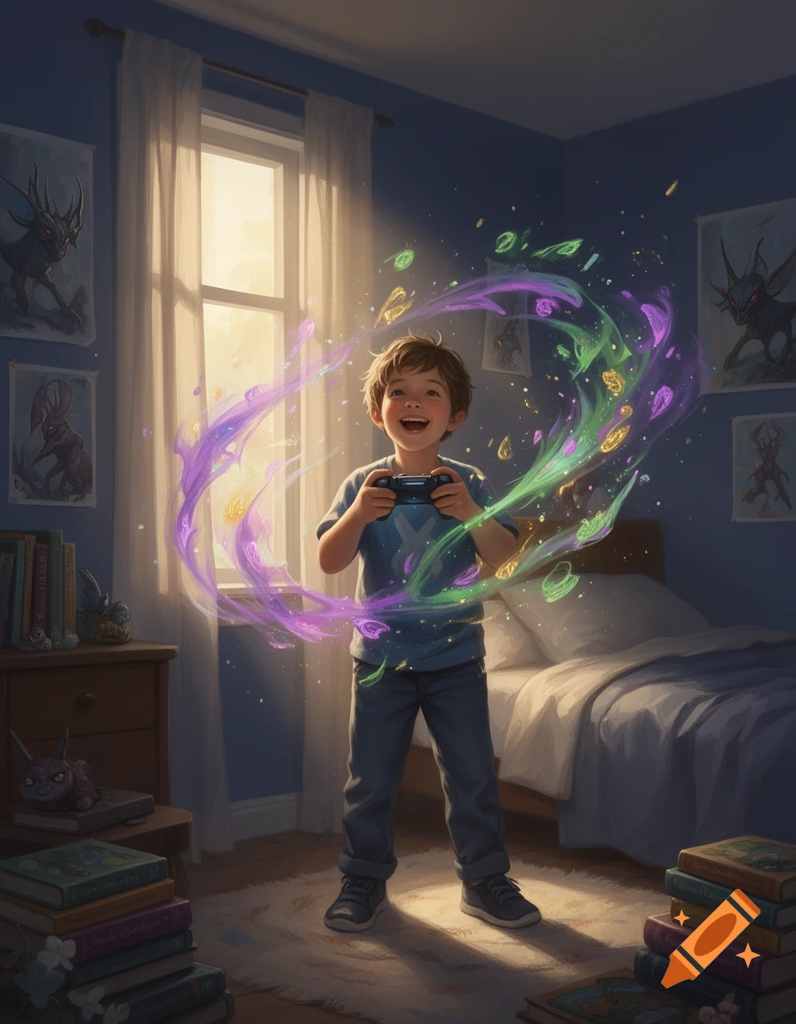 A smiling boy in a sunlit bedroom plays a video game, surrounded by ...