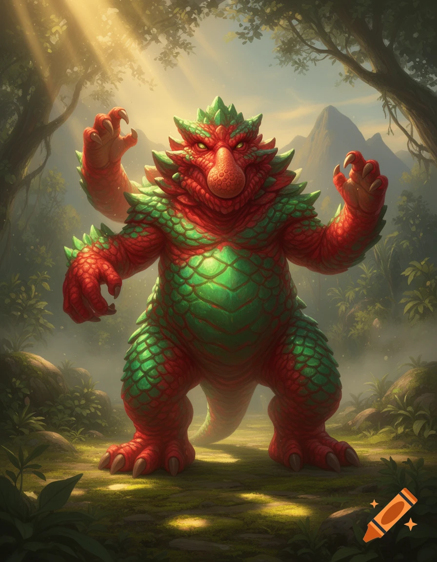 A cartoonish red and green scaly monster with large claws, standing in ...