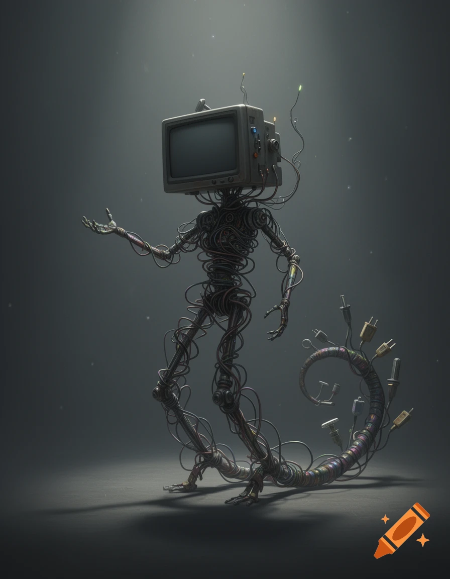 A wire-bodied robot with a CRT television for a head and a long tail ...