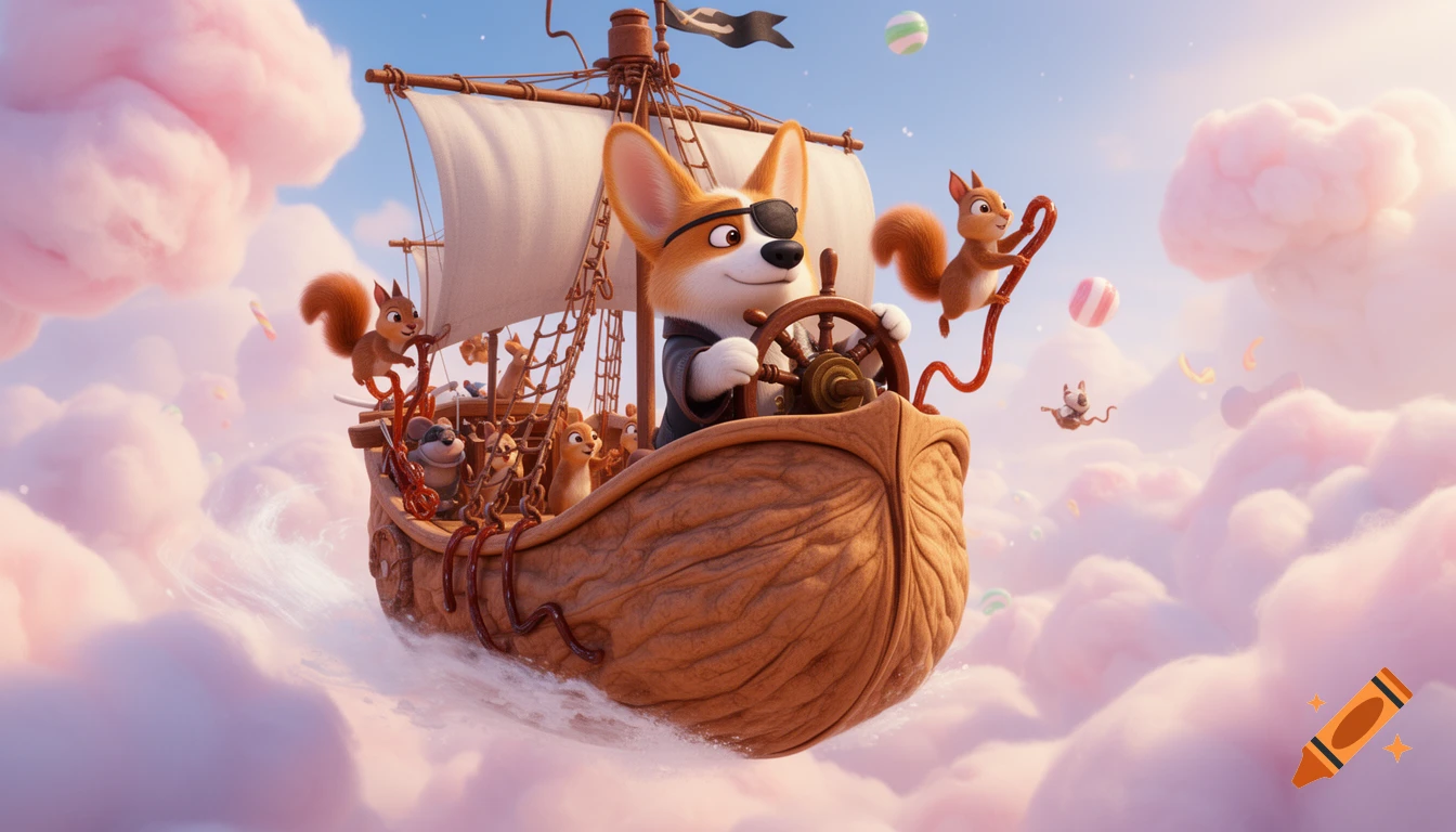 A determined corgi pirate captain with an eyepatch steers a walnut ...