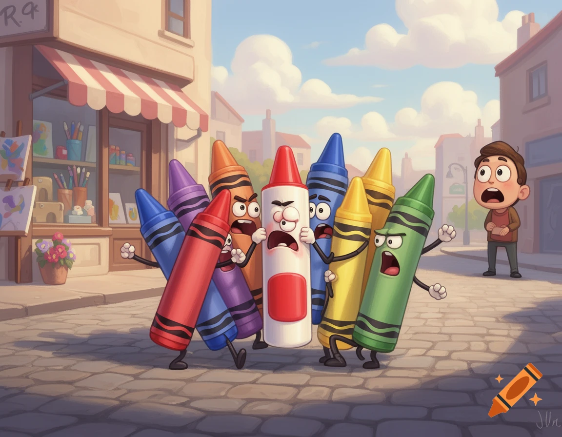 Anthropomorphic crayons confront a white crayon on a cobblestone street ...