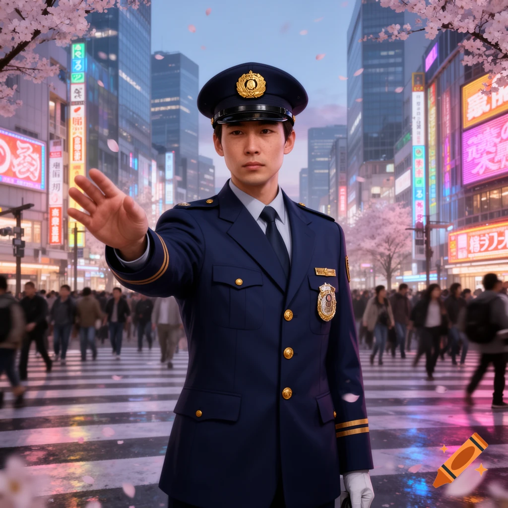 A Japanese policeman in uniform stands on a crosswalk in a city street ...