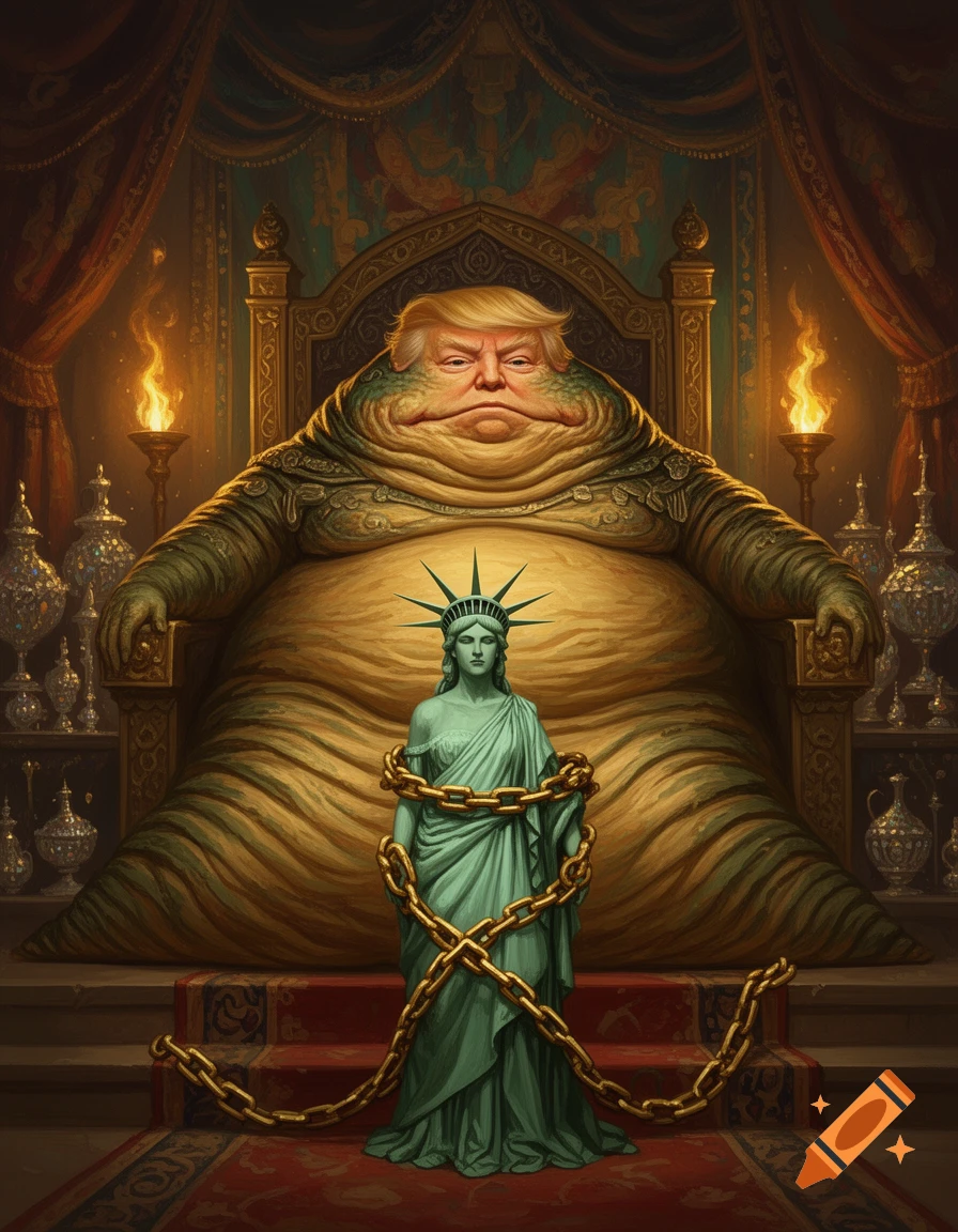 Donald Trump as Jabba the Hutt on a throne, with the Statue of Liberty ...