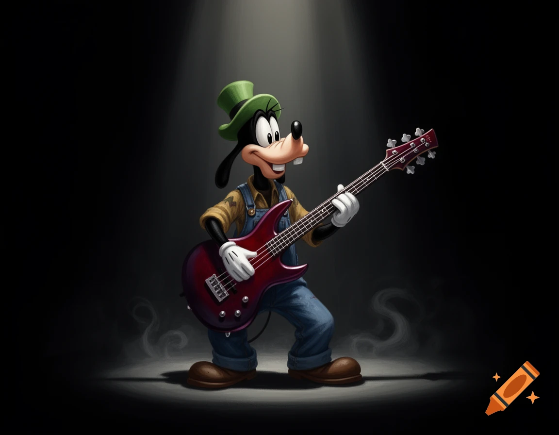 Goofy, a tall anthropomorphic dog character, plays a red electric bass ...