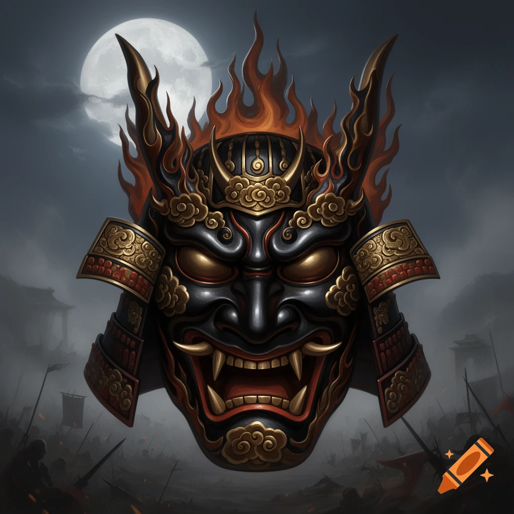 An ornate black, gold, and red demon samurai mask with flaming horns ...