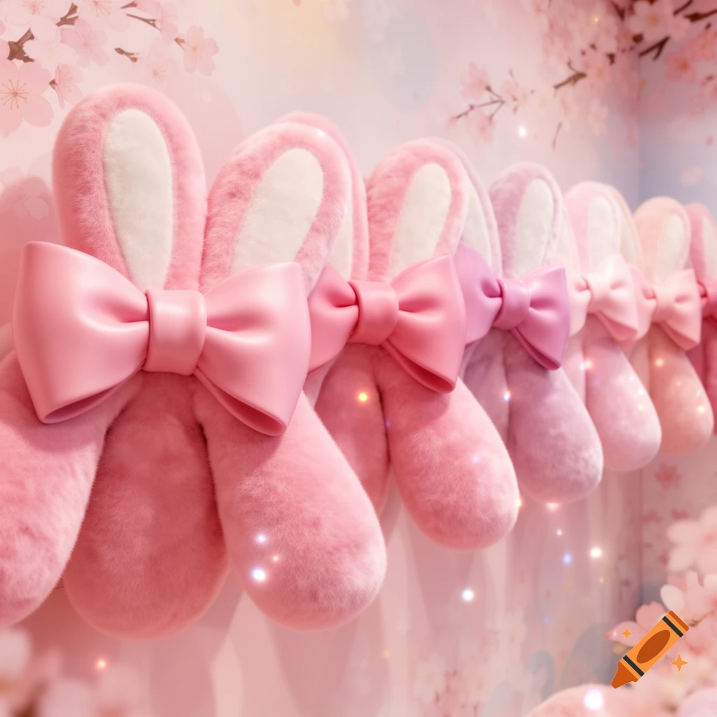 A row of pink fluffy bunny ear headbands with satin bows against a ...