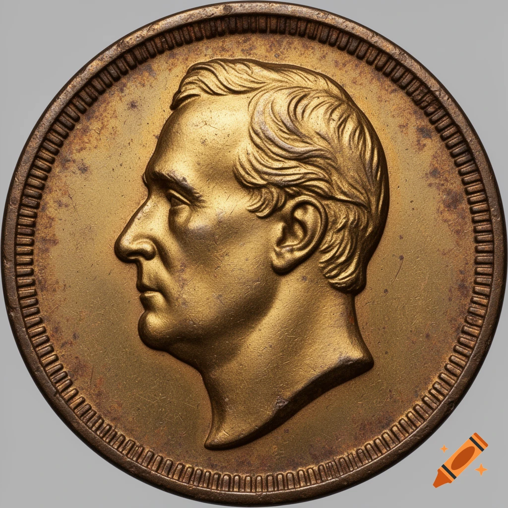 Worn, textured gold coin featuring a left-facing profile of a man ...