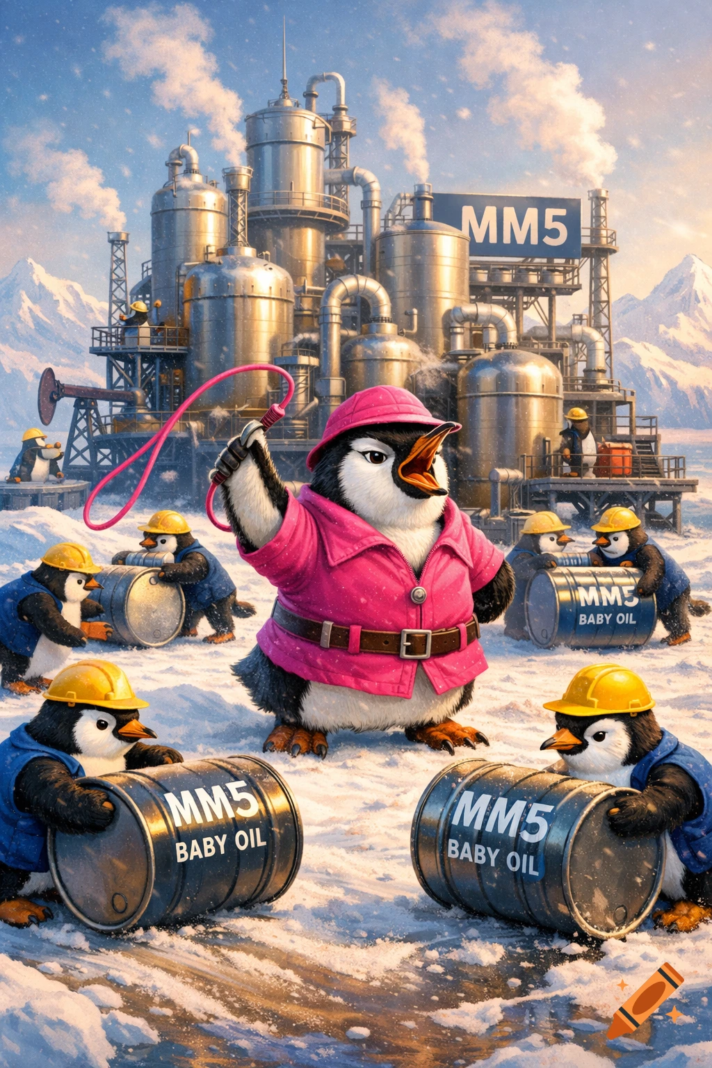 A boss penguin in a pink shirt whips worker penguins rolling 'MM5 BABY ...
