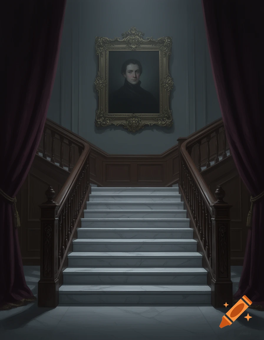 A grand marble staircase in a dark, opulent hall with red curtains ...
