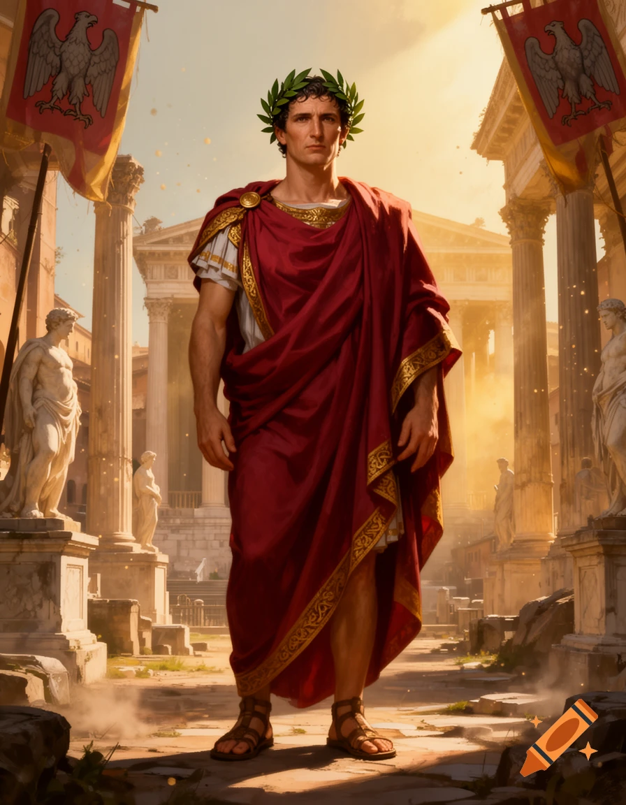A man in a red toga and laurel wreath, resembling Julius Caesar, stands ...