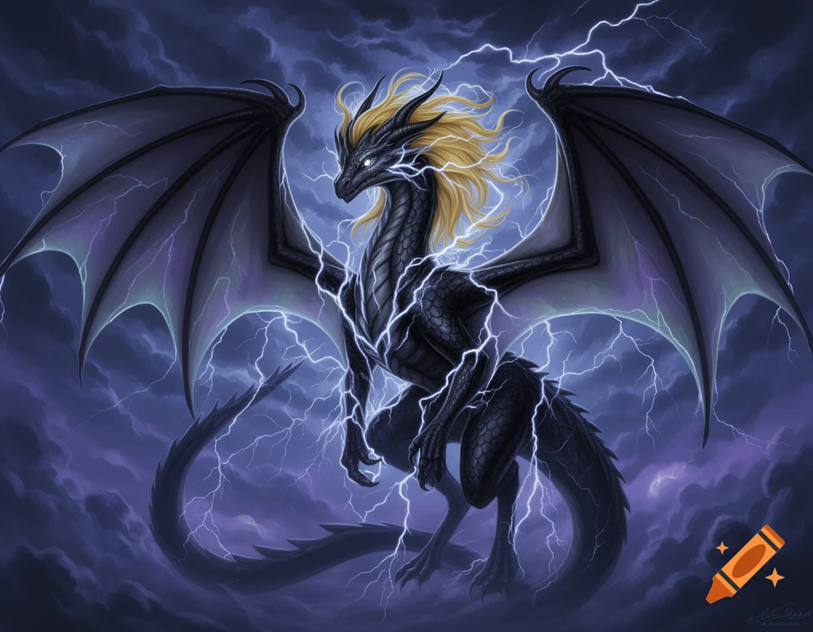 A powerful black dragon with blonde hair, silver eyes, and large wings ...