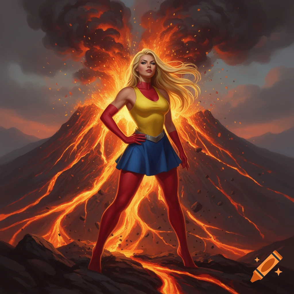 A confident blonde superhero woman in yellow, blue, and red stands ...