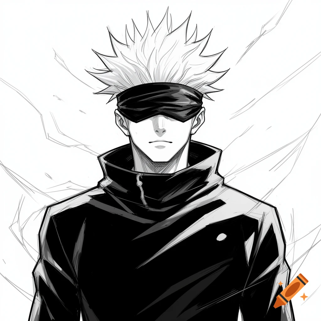 A black and white anime illustration of Gojo Satoru with spiky hair and ...
