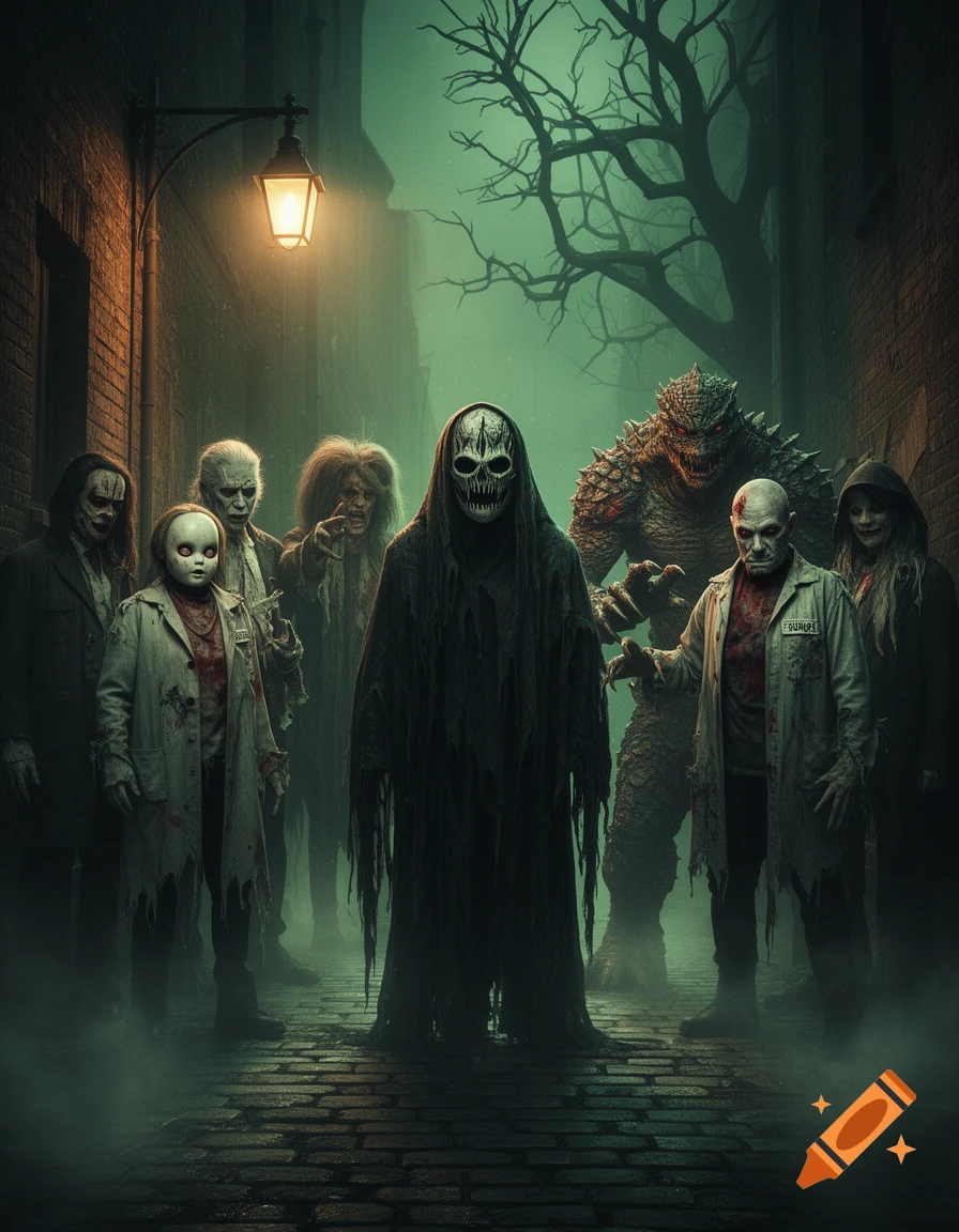 A group of terrifying horror figures, including a skeletal ghoul ...