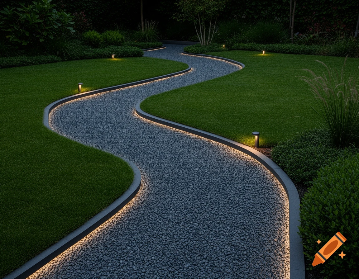 A winding light grey gravel garden path bordered by lush green grass ...