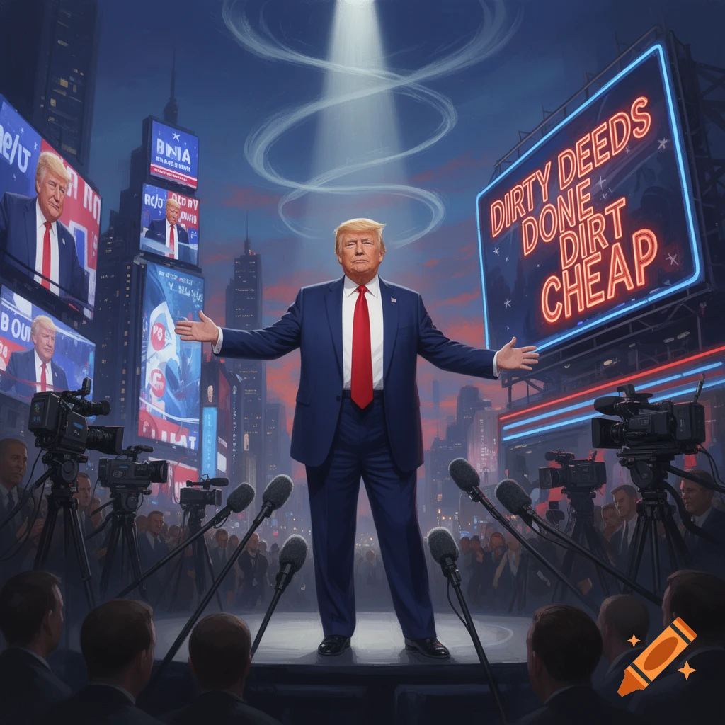 Illustrated Donald Trump on a stage with arms outstretched, addressing ...