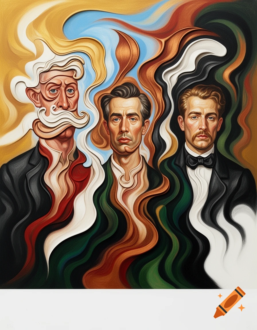 A surreal painting of three men with elongated, wavy bodies and ...