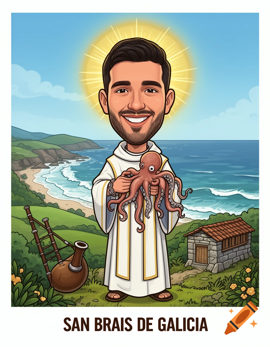 Cartoon caricature of a smiling saintly man with a halo, holding a ...