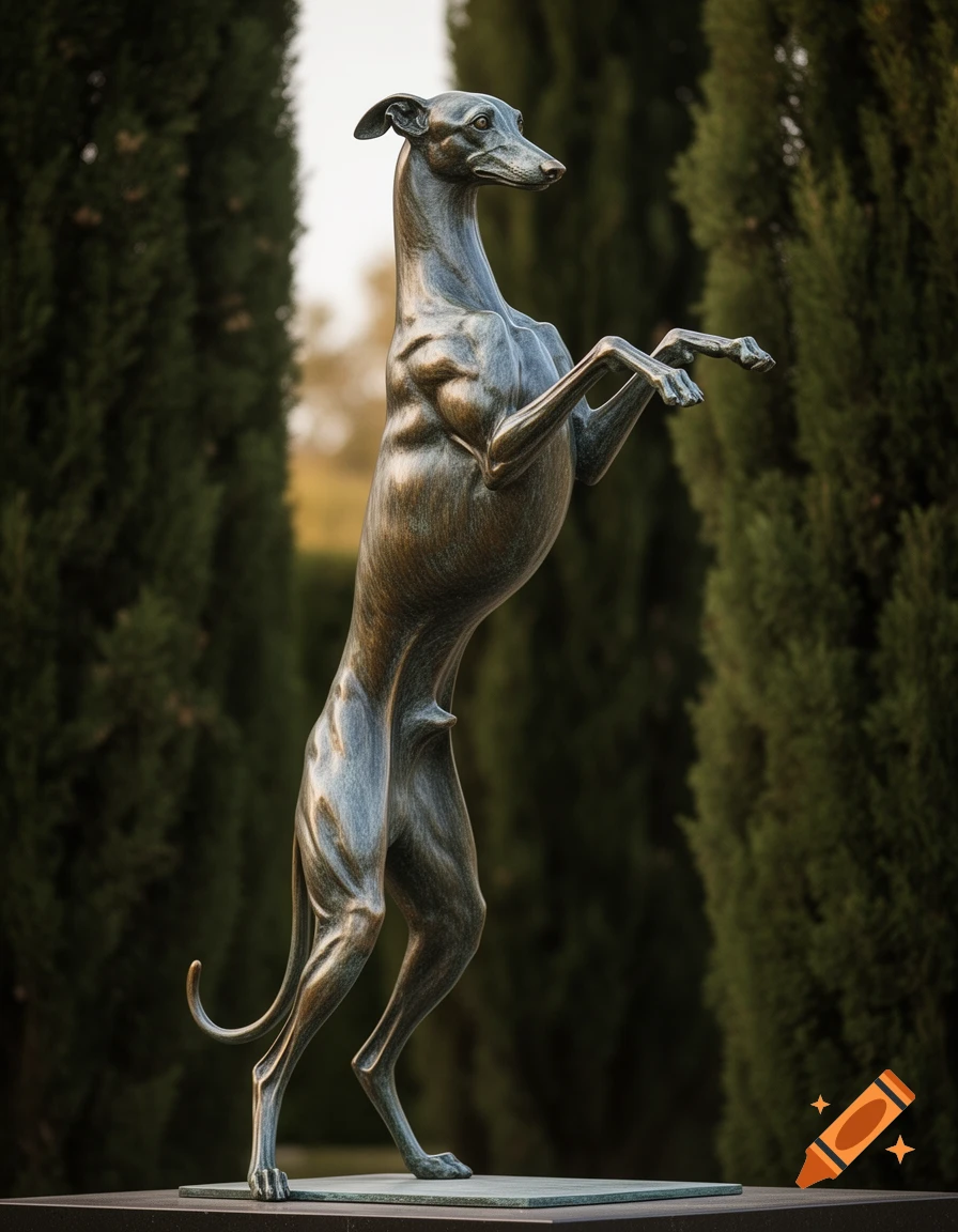 Photorealistic bronze sculpture of a greyhound standing upright on its ...
