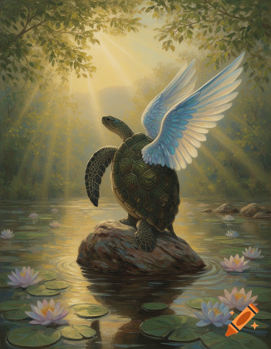 A winged turtle stands on a rock in a sunlit pond surrounded by water ...