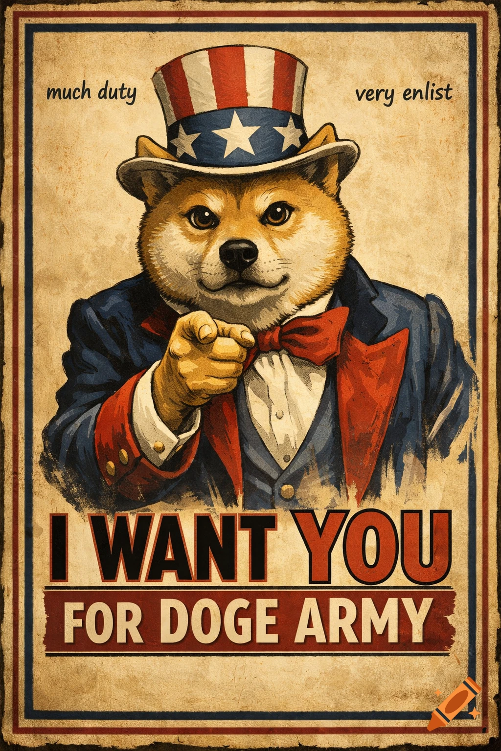 A vintage-style recruitment poster features Doge as Uncle Sam, pointing ...